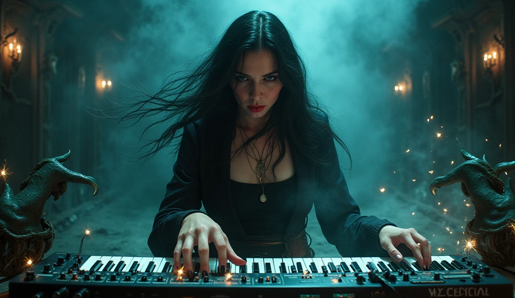Mystical woman, playing a heavy metal synthesizer, is surrounded by an ...
