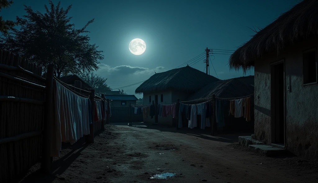 “Ultra-realistic African village at night, moonlight casting shadows on ...