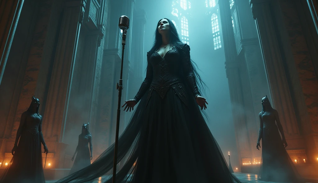 Mystical woman, singing into a heavy metal microphone, is surrounded by ...