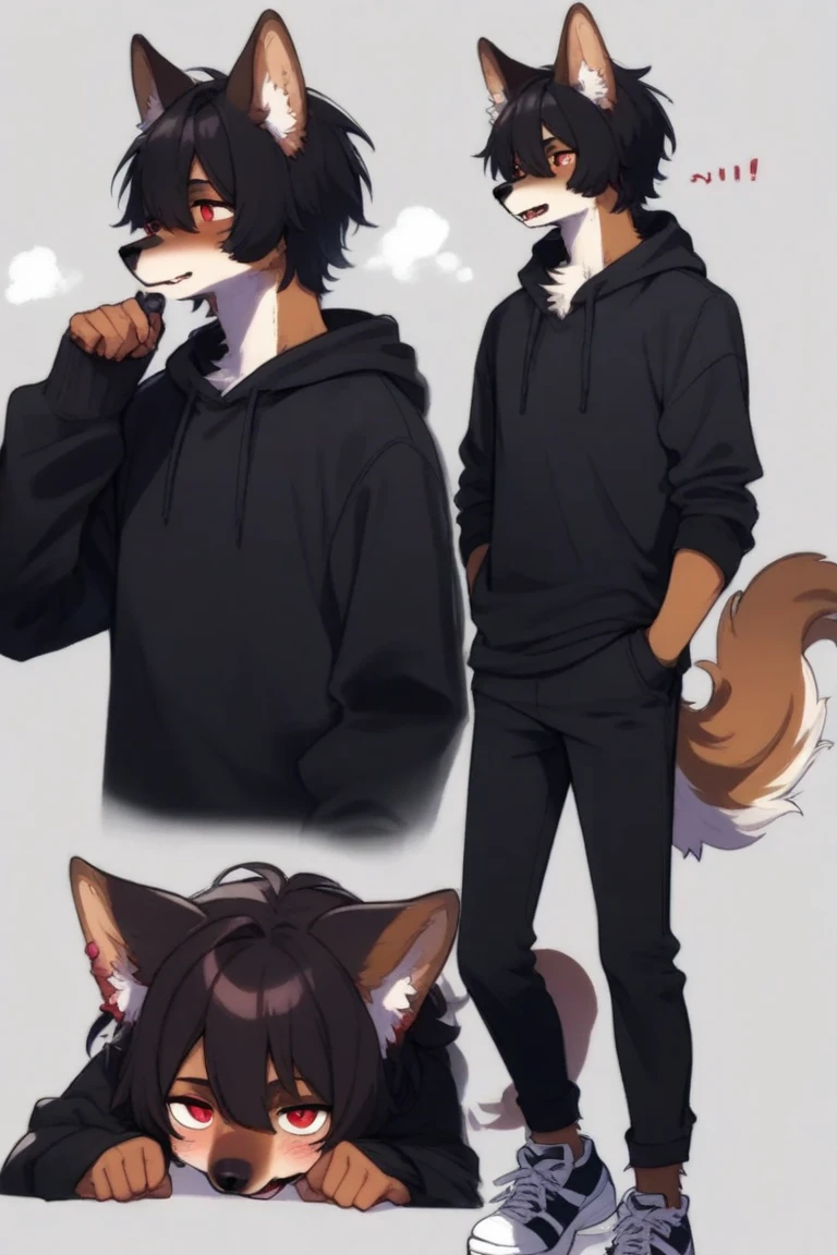 Furry boy cute skinny dog, In black sweatshirt and red eyes - SeaArt AI