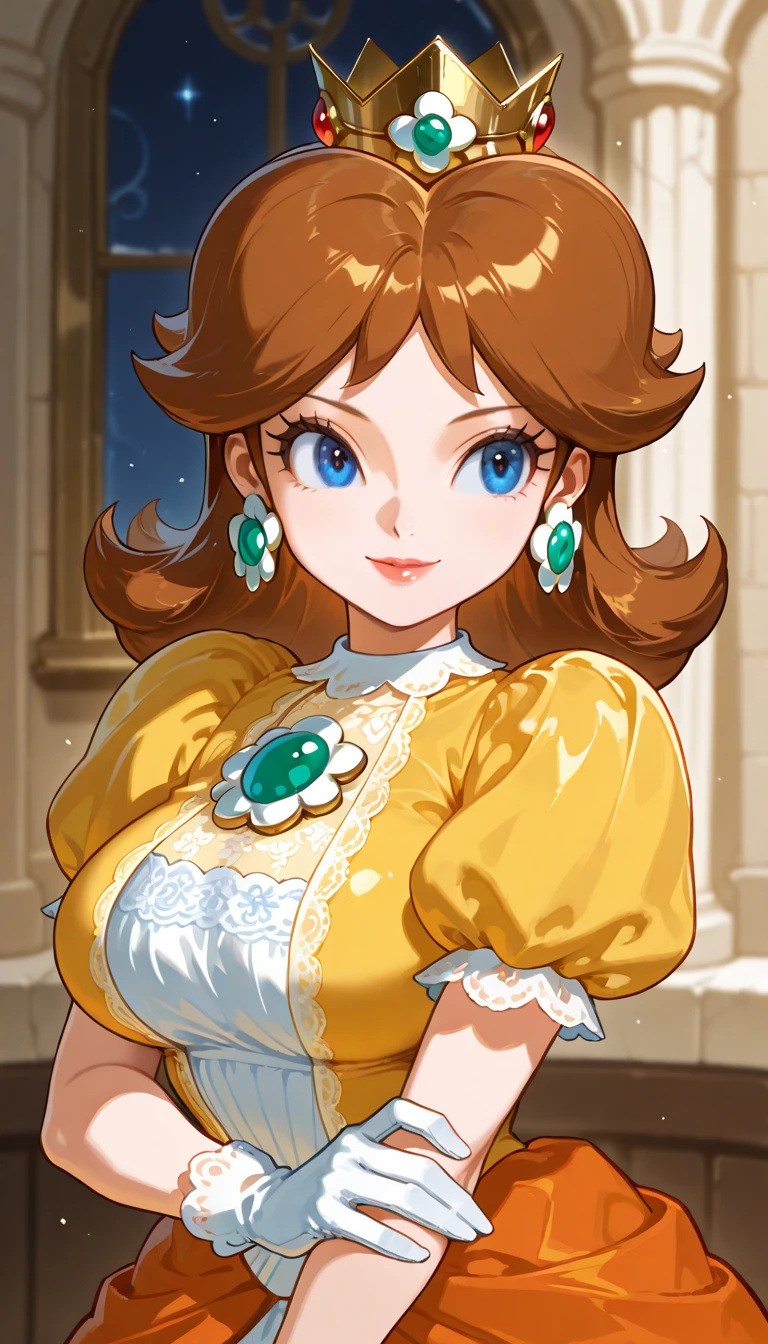 Princess daisy, 1girl, smile, earrings, jewelry, medium hair - SeaArt AI