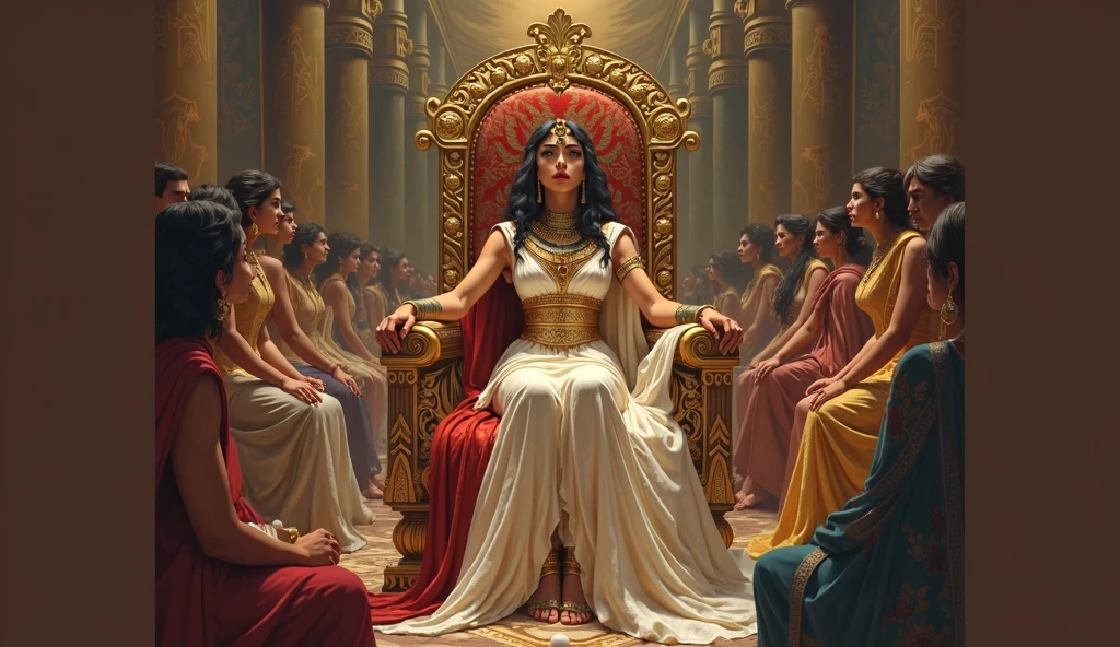 Cleopatra, sitting on her throne in the middle of her palace with ...