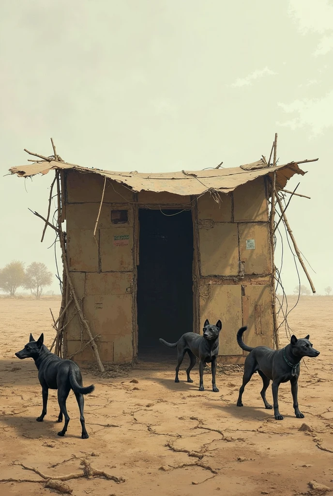 A broken-down cardboard shack made from scraps, placed on dry cracked ...