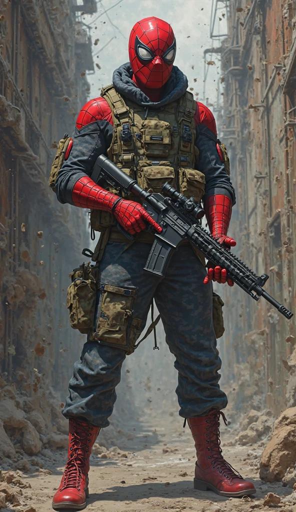 Spider-Man wear miletry colour costume and holding a sniper gun - SeaArt AI
