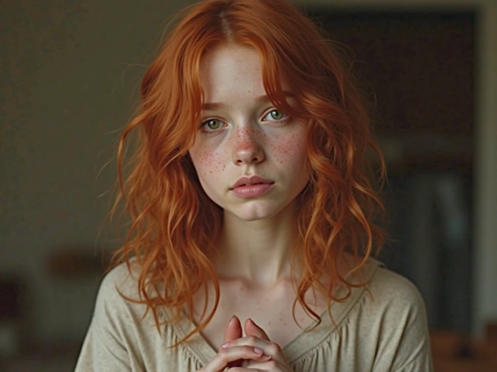 A red-haired woman with slightly messy hair, neither straight nor curly ...