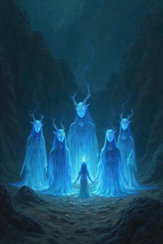 6 black indoor blue jinn in a small dark desert - SeaArt AI