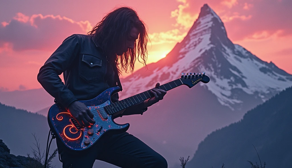 Close-up of Slash-style guitarist's silhouette shredding guitar with ...