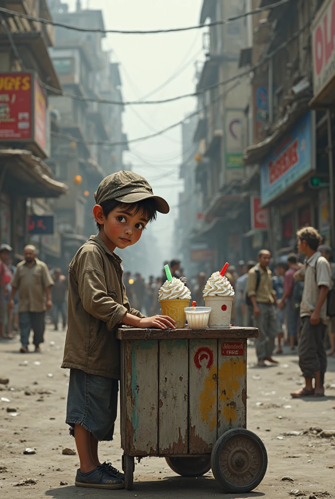 A poor and sad boy selling ice cream in The streets - SeaArt AI