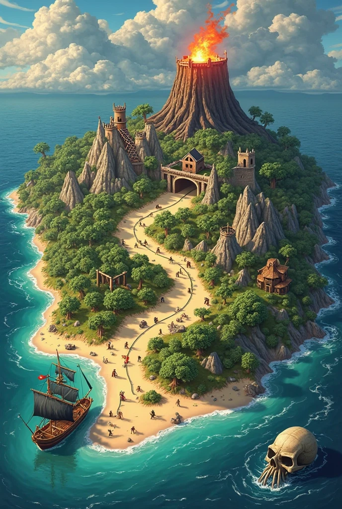 Create a board game with a route, showing an island, with a volcano ...