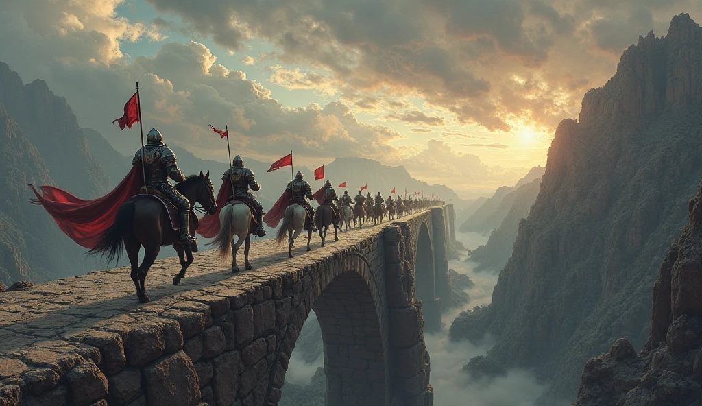 A wide shot of knights crossing a stone bridge over a canyon - SeaArt AI