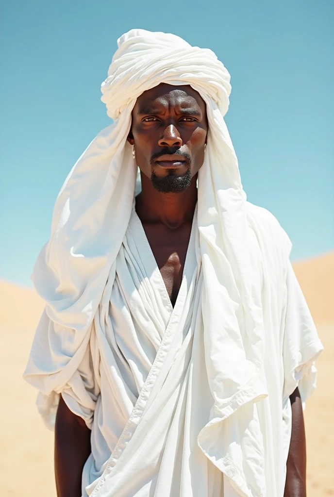 Create a picture of a man wearing white and a white Touareg turban ...
