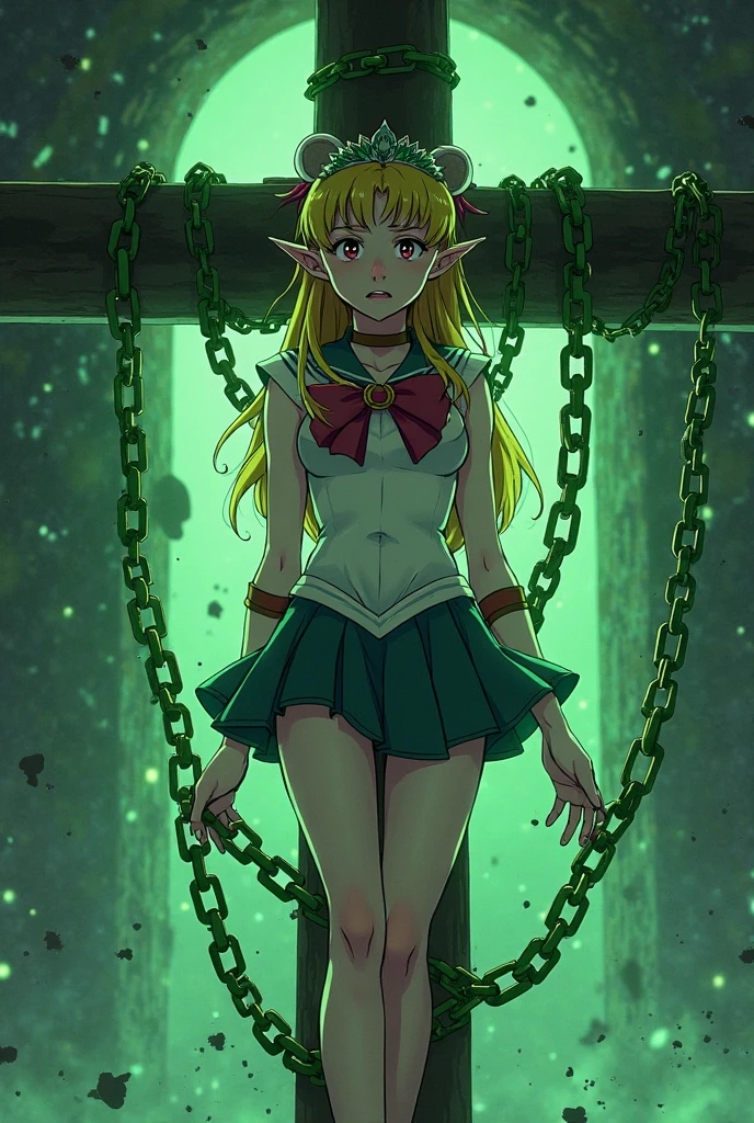 Female elf in a Sailor Moon costume, chained to a cross by green chains - SeaArt AI