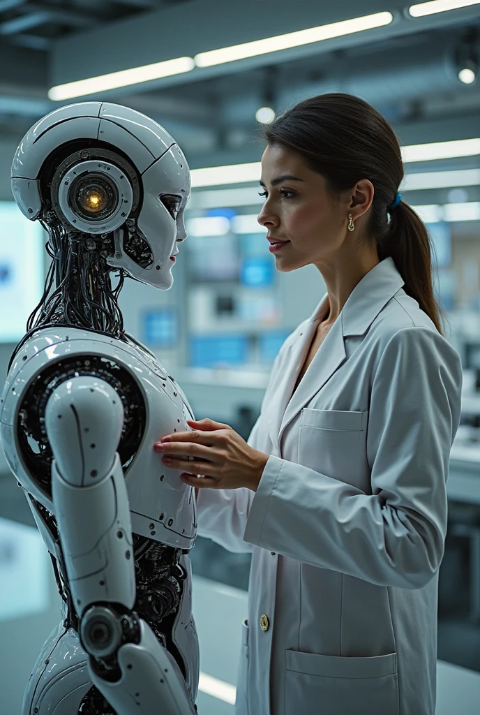 Woman creating a male humanoid robot in a futuristic style - SeaArt AI