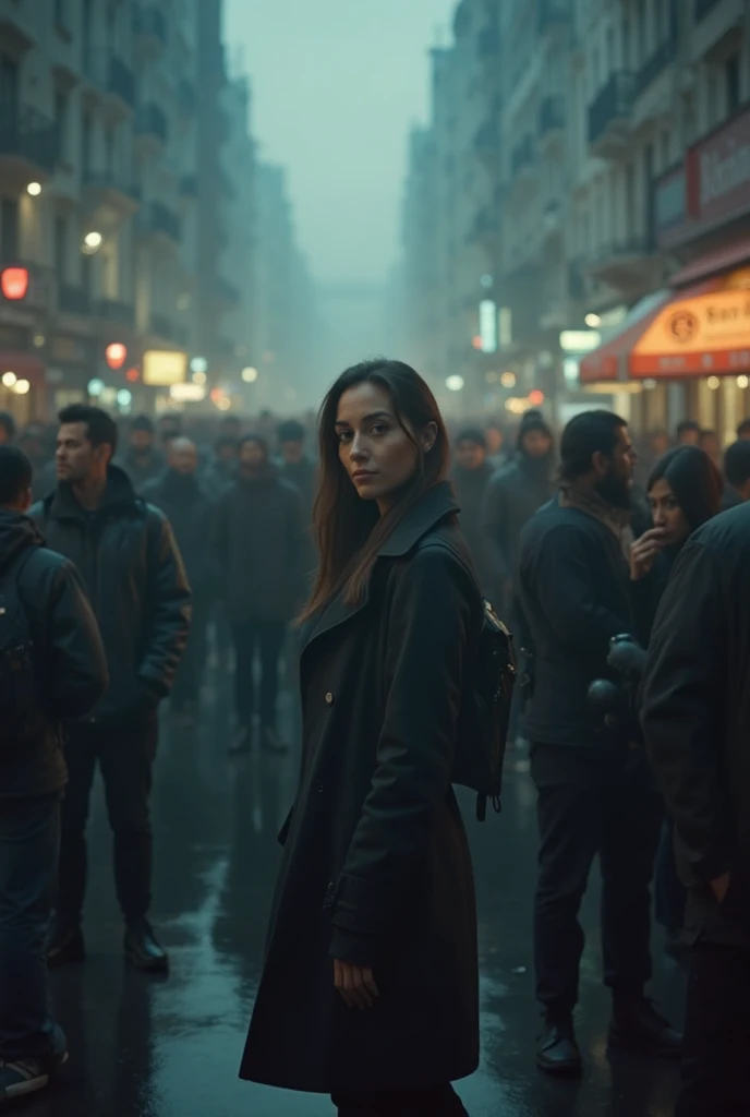"Cinematic street scene with a large crowd blurred in the background ...