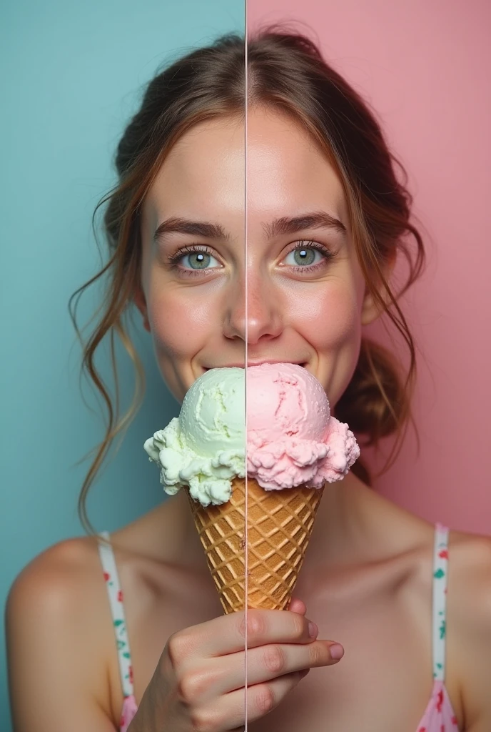 Half of the image: sad person in front of a crossed out ice cream ...