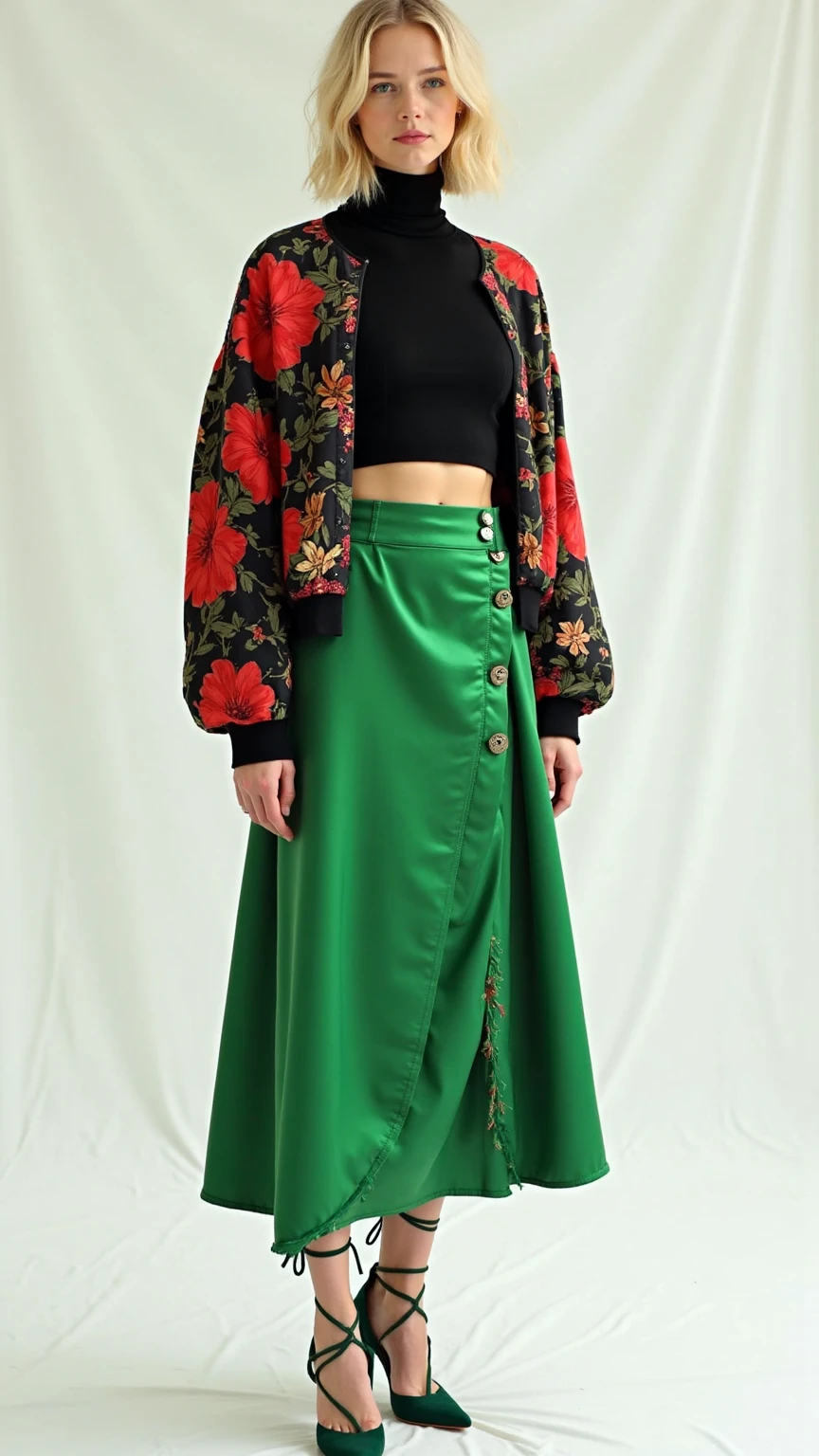 The image features a stunning green midi satin skirt with an ...