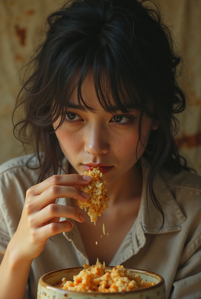 A close-up of a person trying to distract themselves with food - SeaArt AI