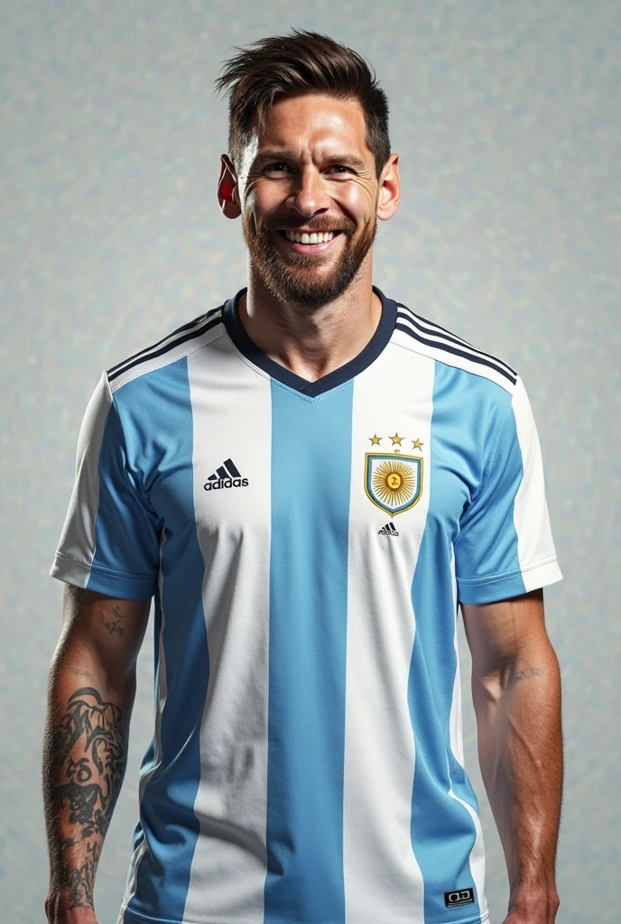 Lionel Messi wearing the Argentinian jersey looking forward smiling ...