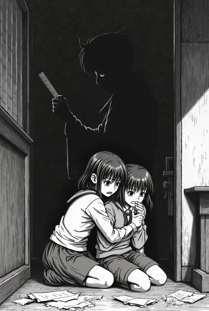 Two scared Japanese schoolgirls hiding in a dark classroom corner ...