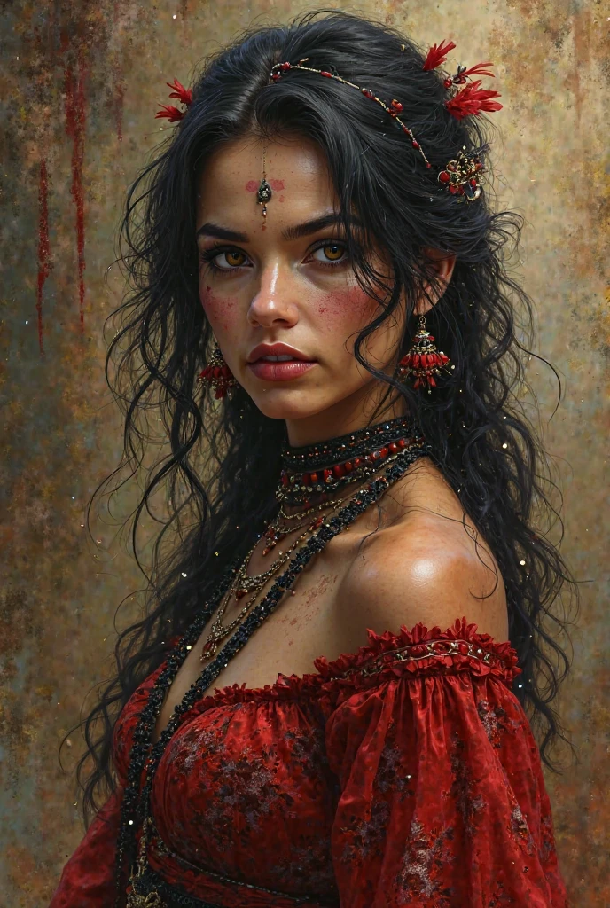 Make a beautiful and mysterious gypsy woman with red and black - SeaArt AI