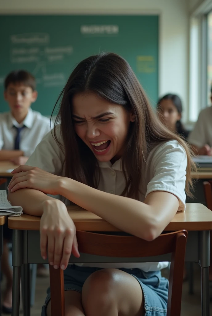 A 19-year-old girl who has a panic and tetany attack on that chair at school - SeaArt AI