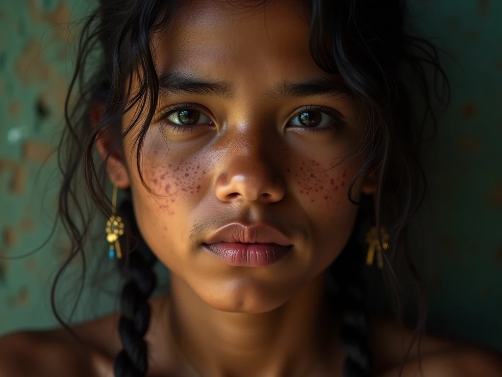 *"A close-up of an indigenous Brazilian (8-) looking directly at the ...