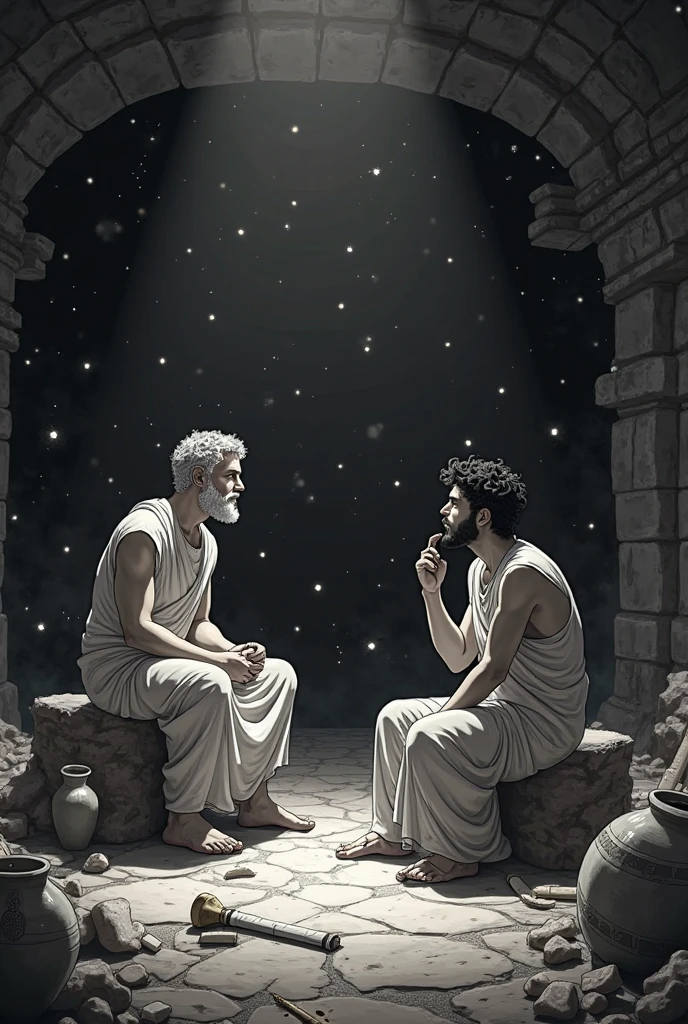 Create a Pythagoras and Socrates anime cartoon in a black and white ...