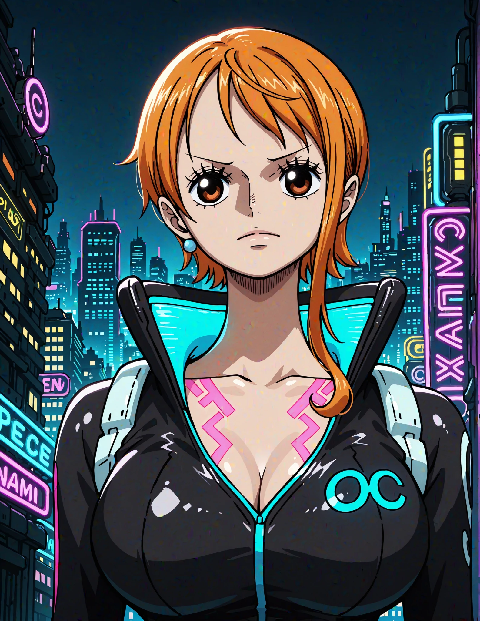 Nami from One Piece in a futuristic cyberpunk outfit, neon lights ...