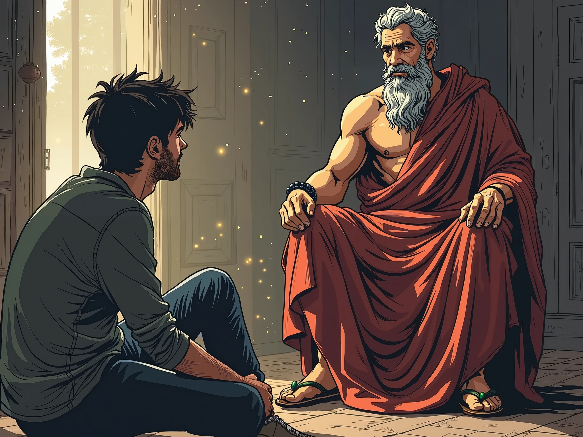 A comic-style scene showing a powerful interaction: a modern young man looking c - SeaArt AI