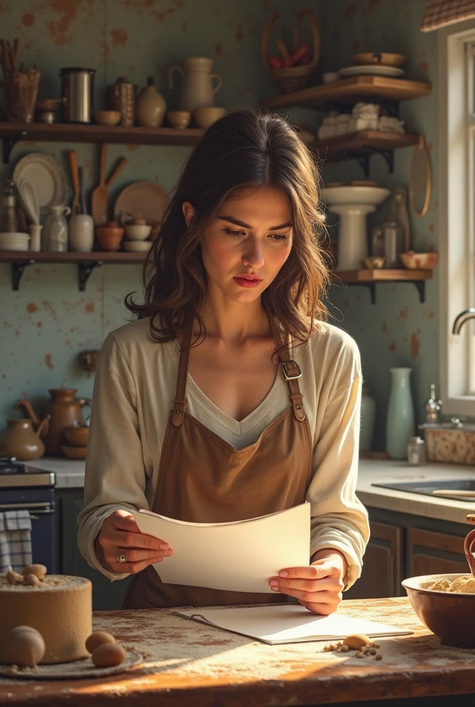 A woman in her home kitchen looking at a recipe with doubt, with baking ...
