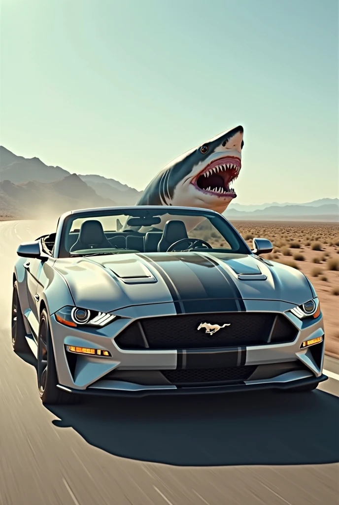 Great white shark driving mustang convertible in a desert highway ...