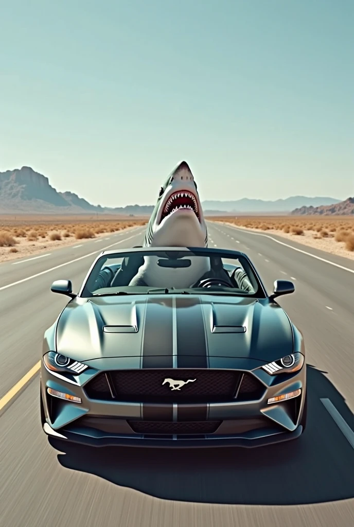Great white shark driving mustang convertible in a desert highway ...
