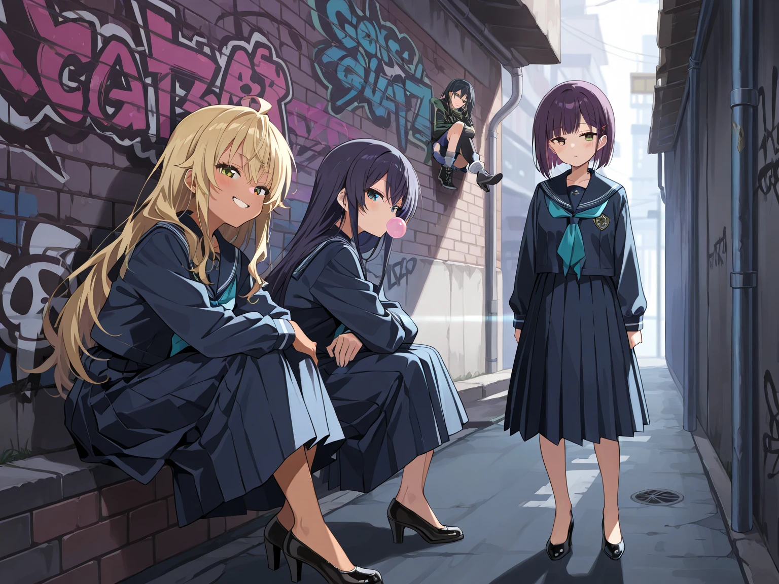 Score_9, score_8_ アップ, score_7_ アップ,Back alley, walls covered with ...