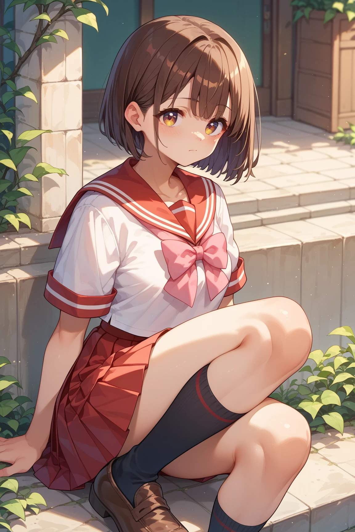 Nahokao、1 girl, Dark brown hair、bob cut、red sailor suit、large pink bow on the ch - SeaArt AI