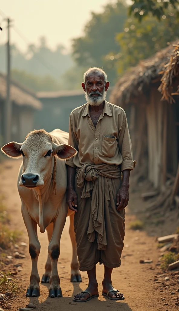 “Poor farmer standing beside his cow in a small village in Bangladesh ...