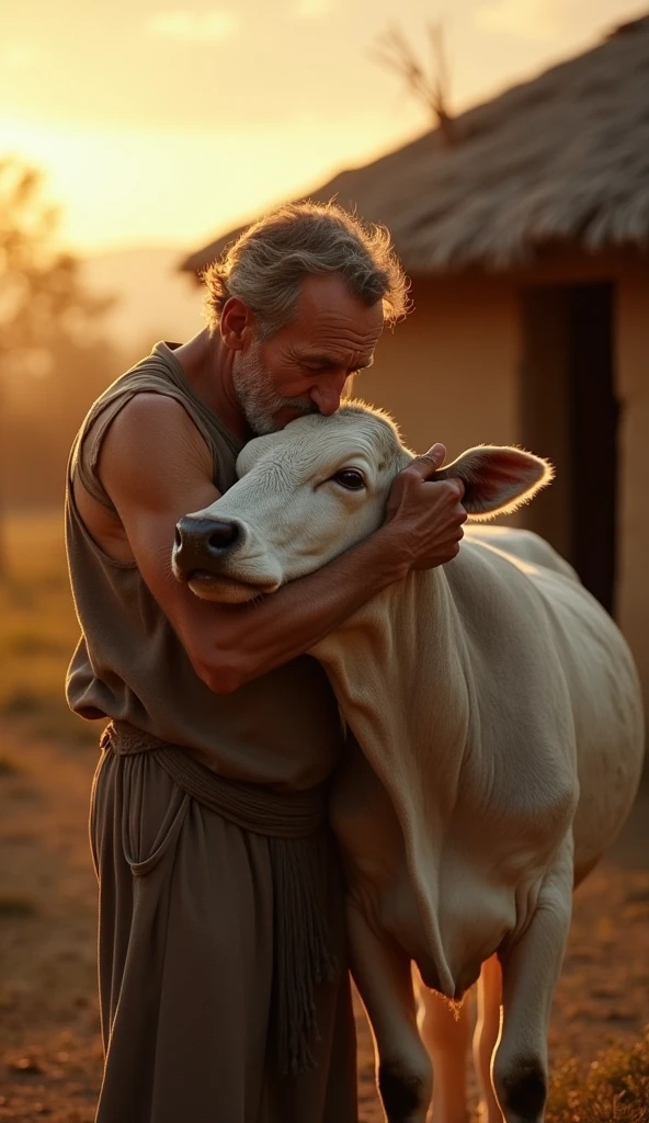 “Farmer hugging his cow tightly, both emotional, in front of a small ...