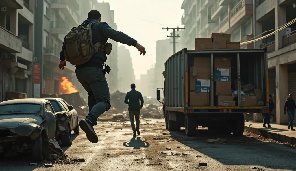 Chaotic urban street in collapse. People running between crashed cars ...