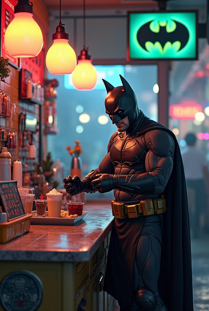 A neon-lit milk tea shop，Batman is wearing his iconic black suit ...
