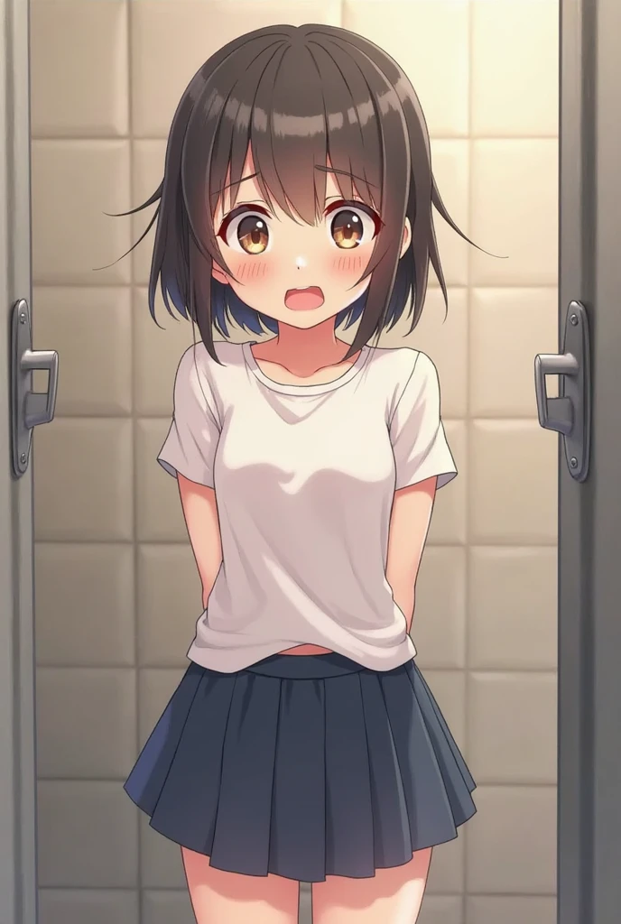 Anime girl in short skirt desperate to pee with a distressed face ...