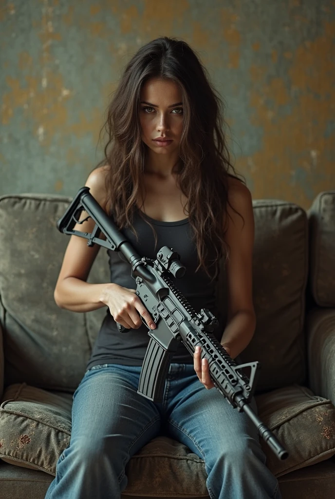 Girl holding m4a1 on old couch - SeaArt AI