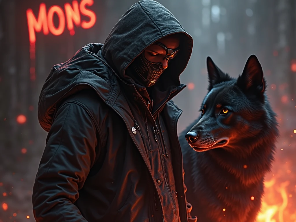 A masked luxury hacker is standing next to a black wolf with a red fire ...