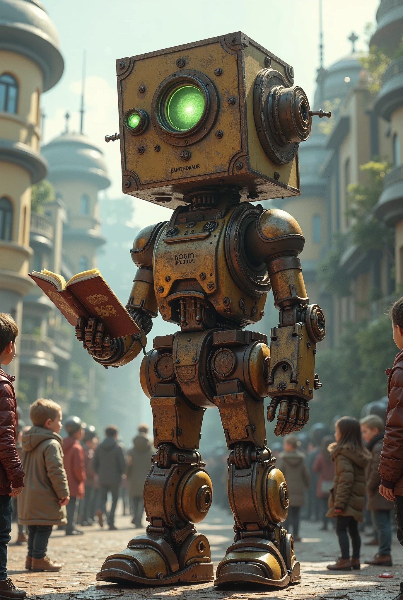 Create an ultra-realistic steampunk image of a rusty robot with a ...