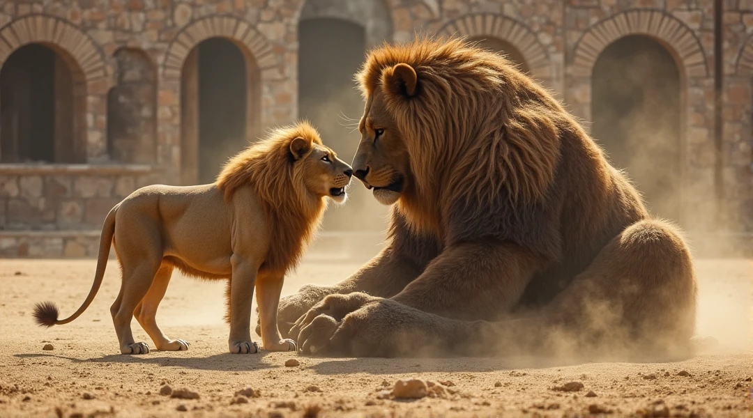 The lion above just touched the brown bear's fur without causing any ...