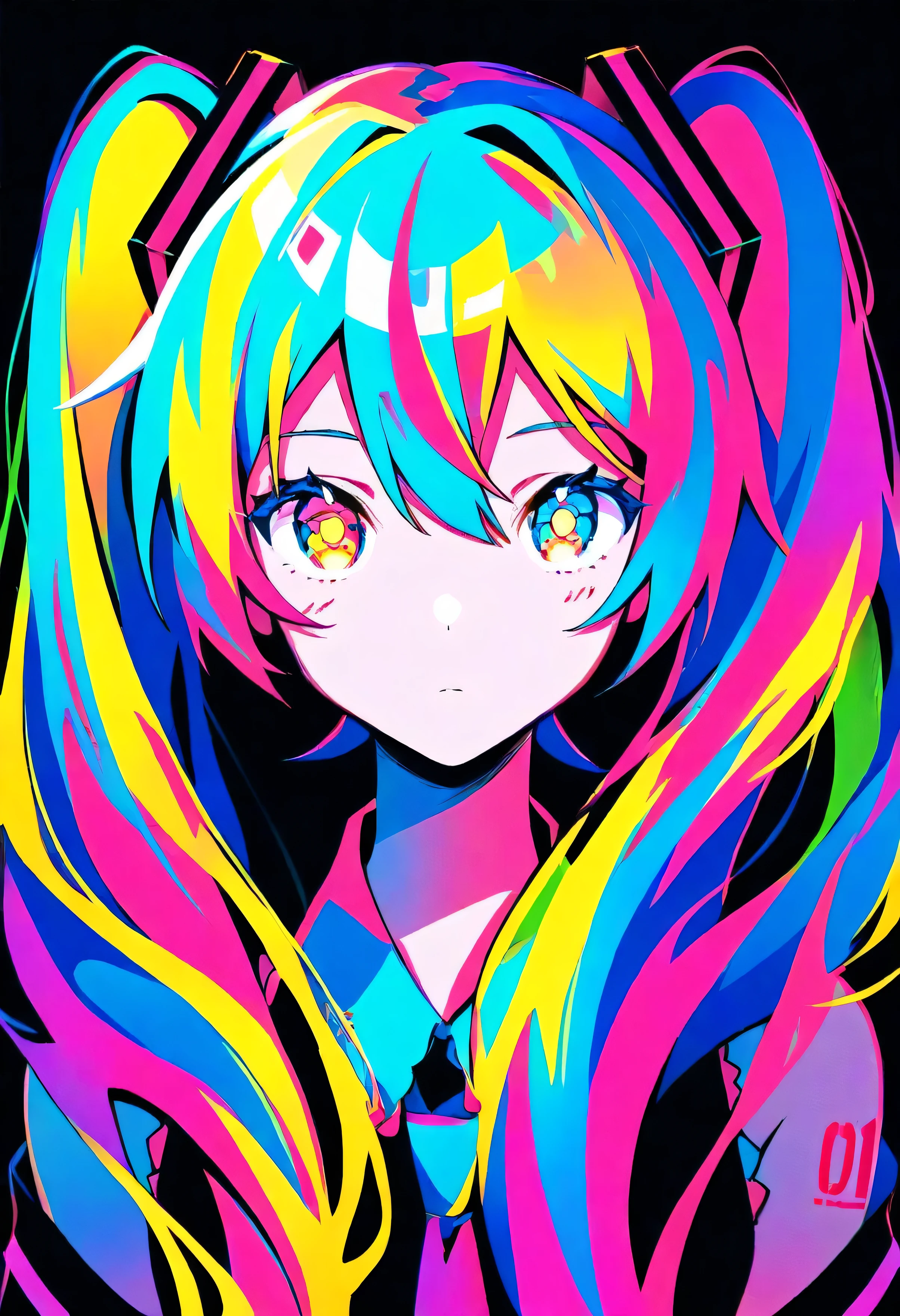 Hatsune Miku,Limited Palette,black background,colorful,lively - SeaArt AI