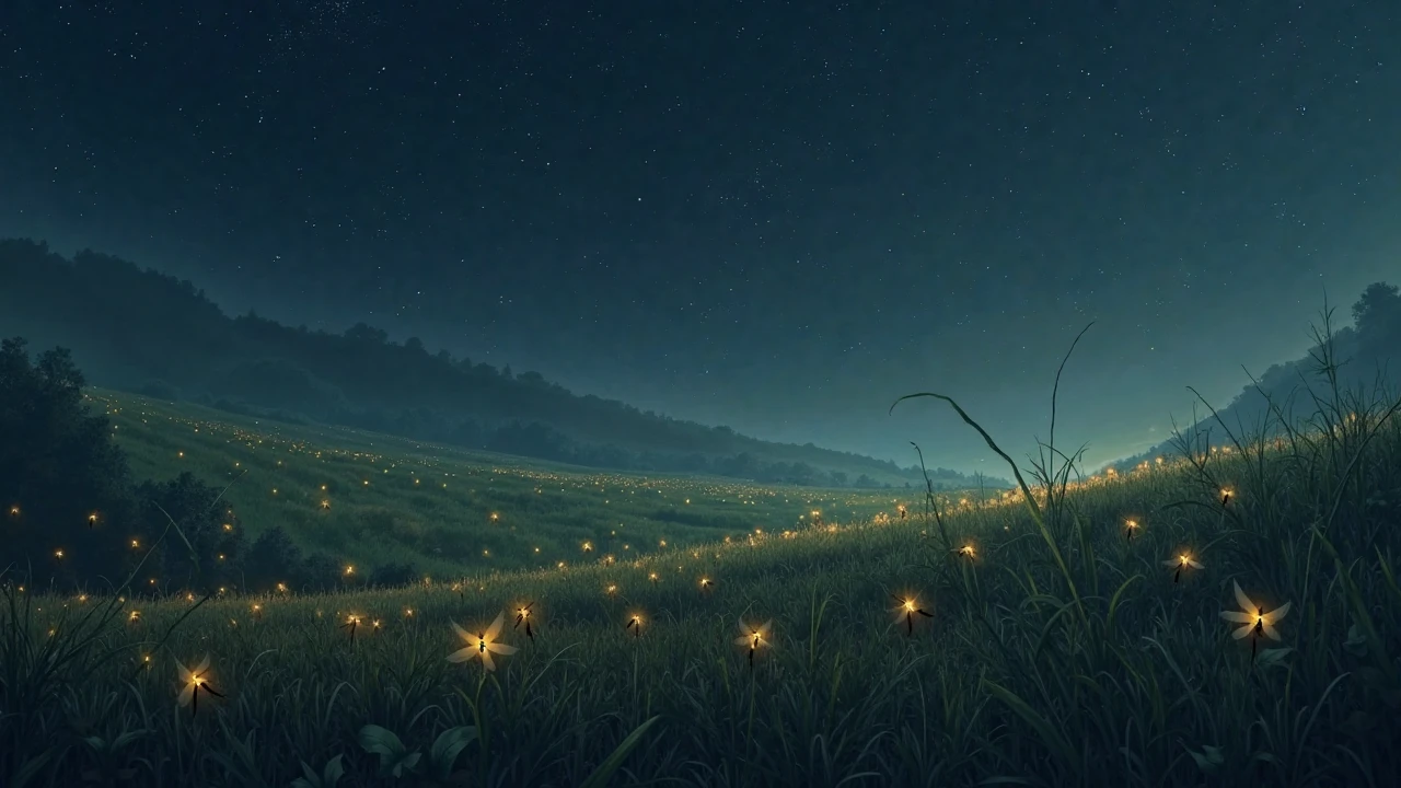 "Design a nighttime scene of a quiet field with fireflies glowing in ...