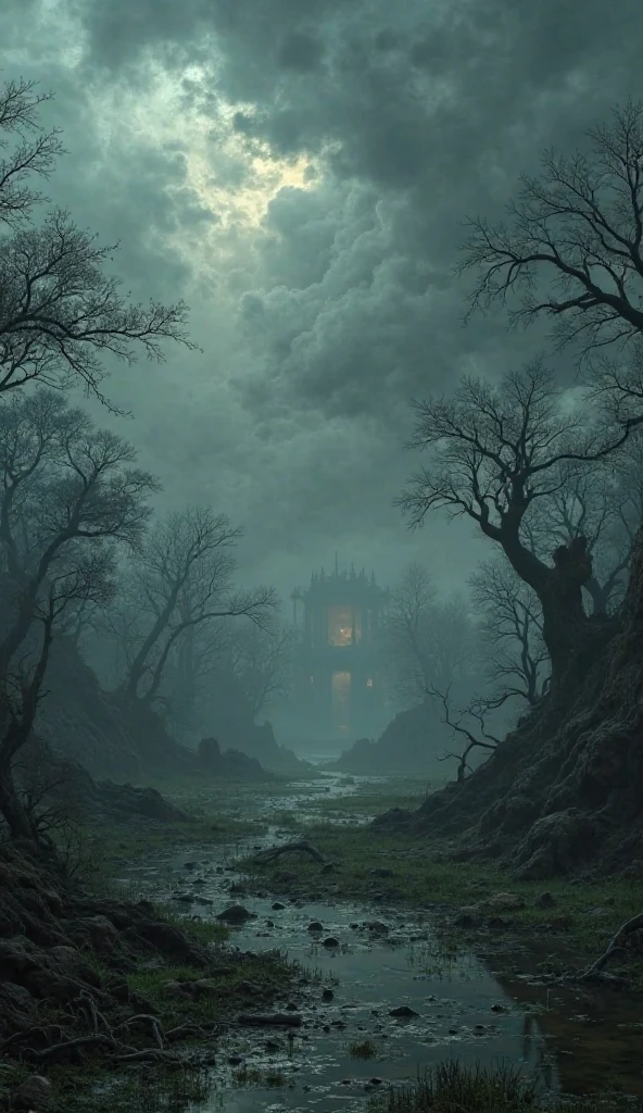 Dark swamp of Lerna under stormy skies, eerie mist rising from the ...