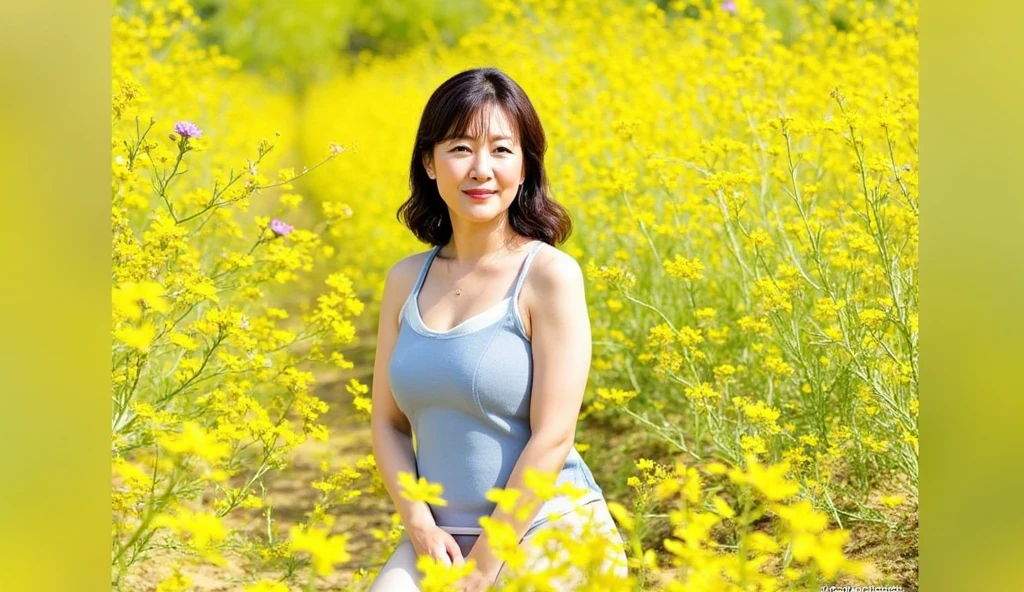Beautiful 50-year-old Korean woman. Standing in a flower path with a ...