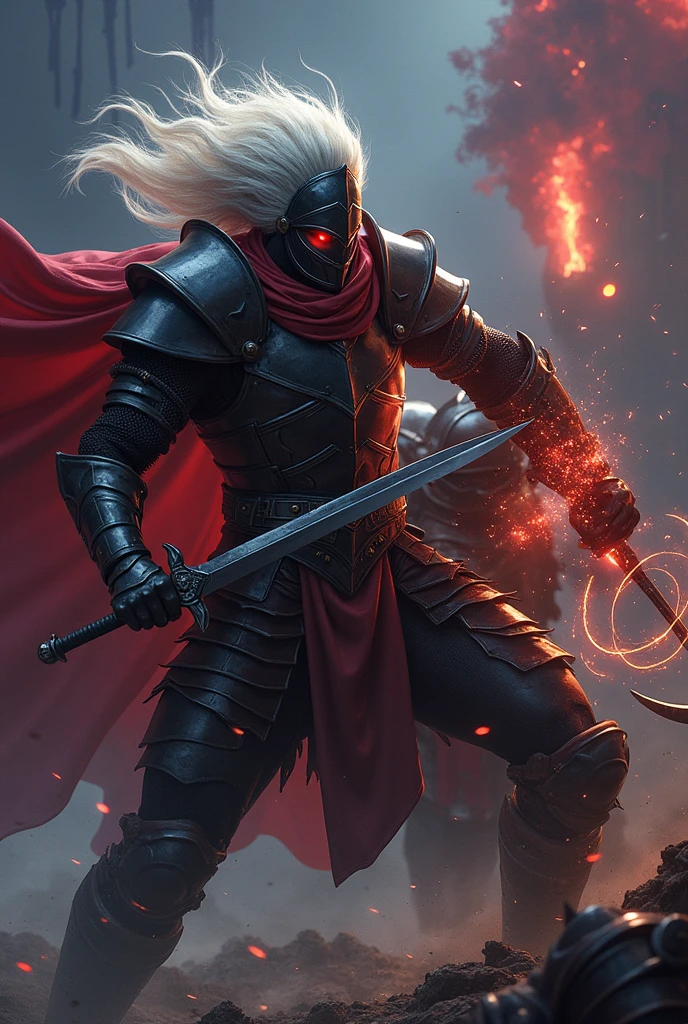 Draw 1 Warrior with Bulky Armor,inside with a bunch of fiery red sparks ...