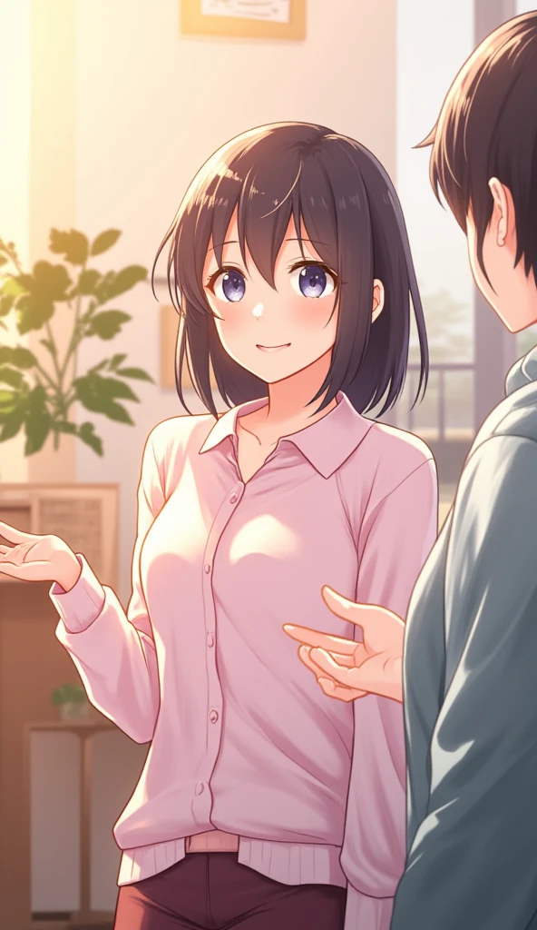 Anime character smiling gently, shrugging with one hand outstretched in ...