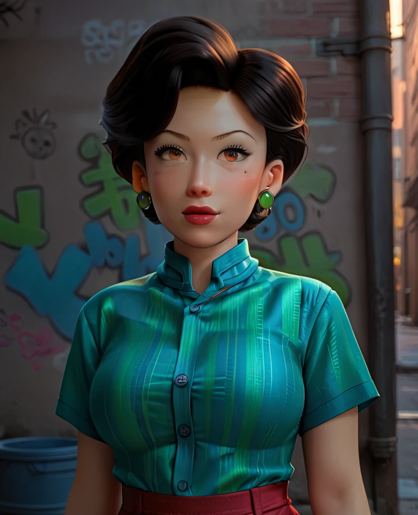 Ming Lee from "Turning red",short hair , green earrings, makeup - SeaArt AI